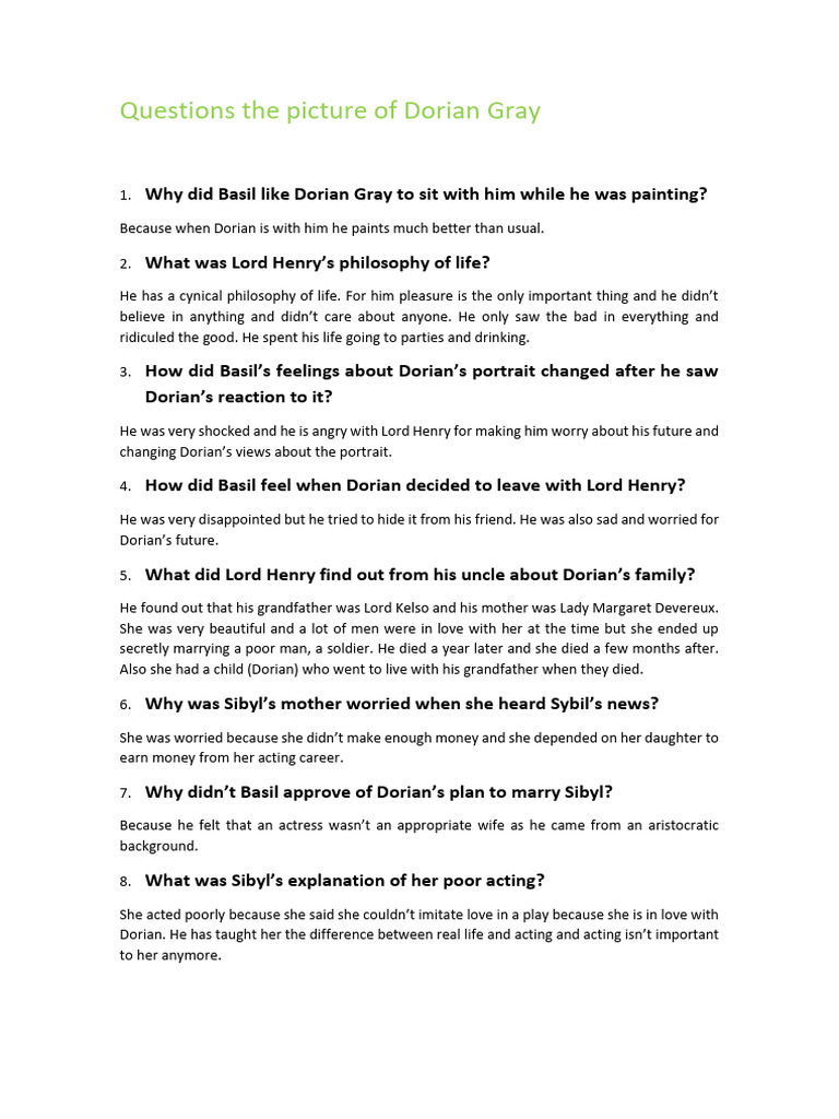 Questions The Picture of Dorian Gray Respuestas | PDF | The Picture Of ...