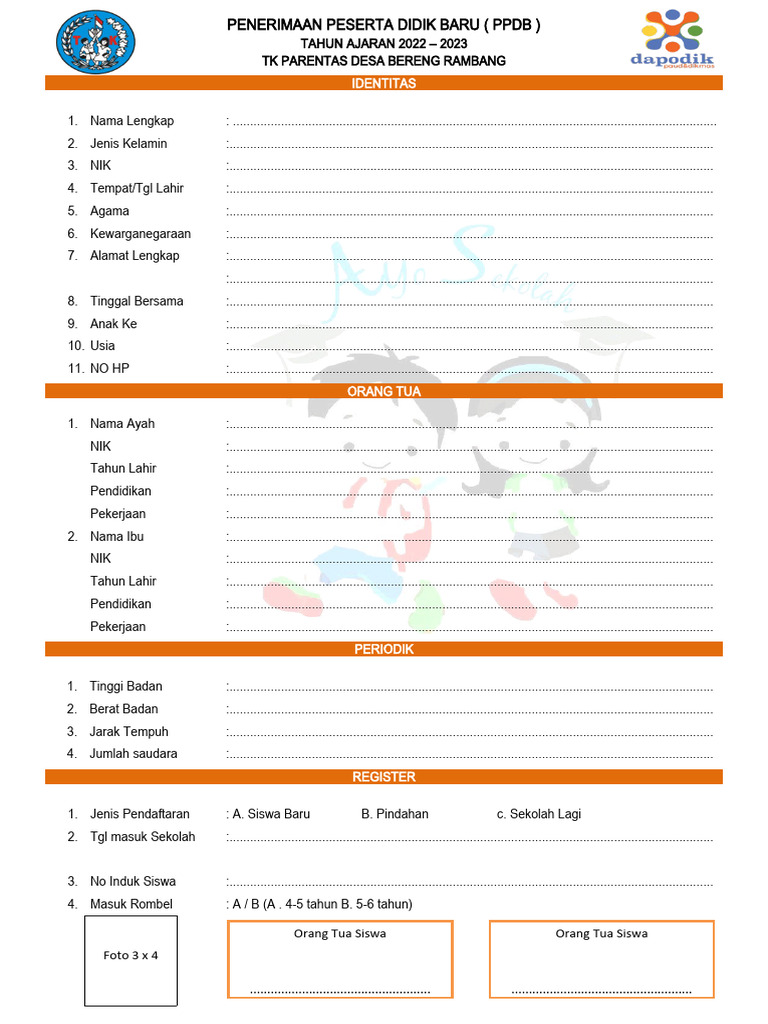 Formulir Pendaftaran Siswa PAUD TK KB TPA DOC Tahun Ajaran 2019 2020 - WWW - Dapodik.co - Id | PDF