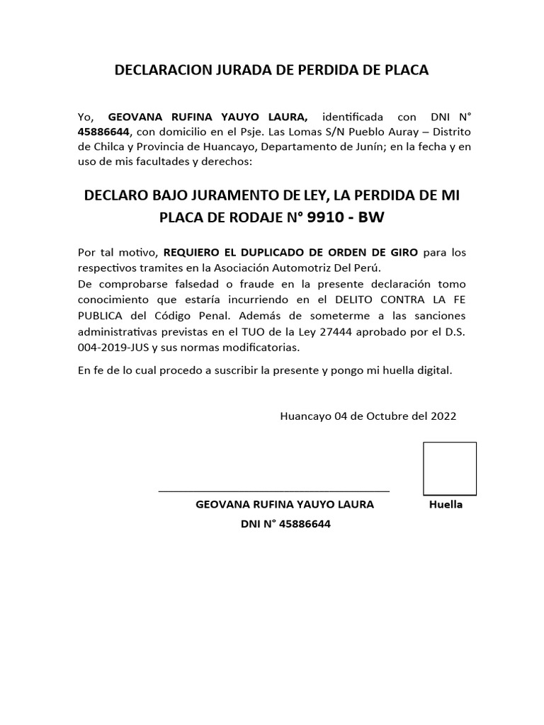 Declaracion Jurada de Perdida Orden de Giro | PDF | Ley común | Justicia