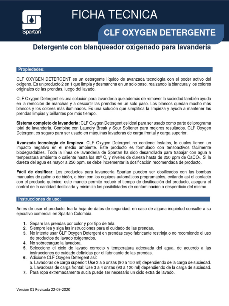 CLF Oxygen Detergente Ficha Tecnica V1.. | PDF | Lavadora | Agua