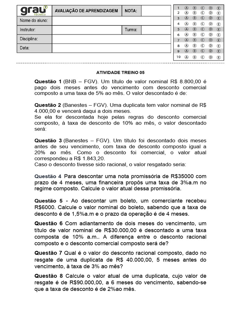 Atividade 05 - Desconto Composto - Alunos | PDF
