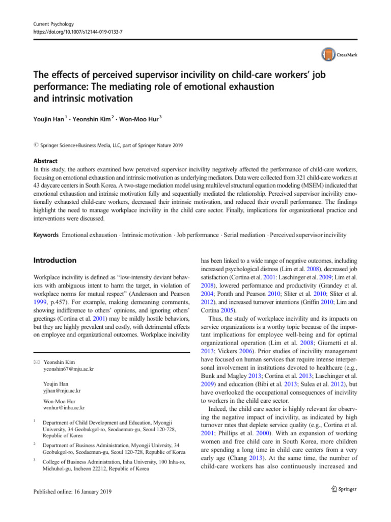 Perceived Supervisor Incivility | PDF | Occupational Stress | Child Care