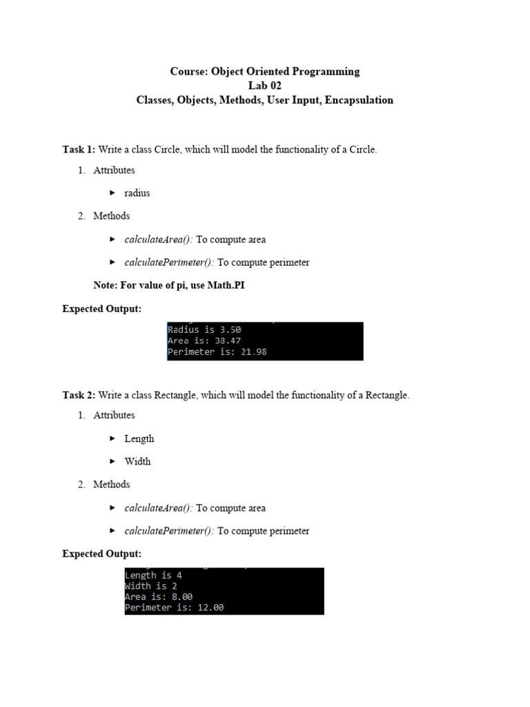 Lab 02 - Classes, Objects, Methods, User Input, Encapsulation | PDF