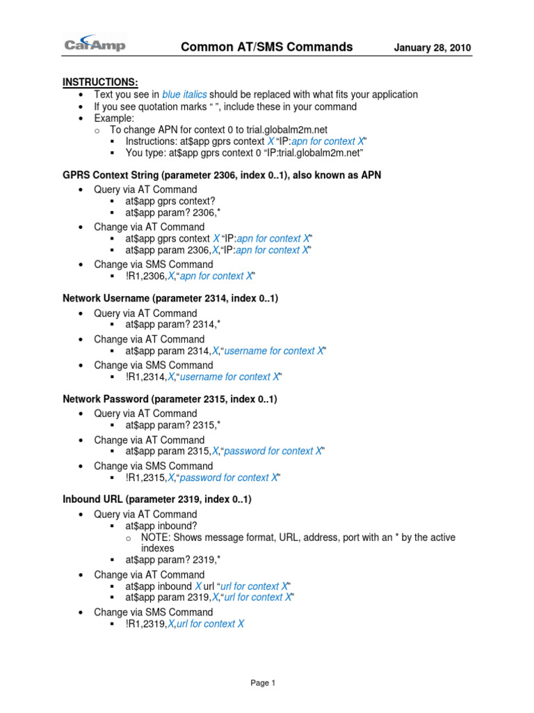 Common AT-SMS Commands Calamp | PDF | Modem | Computing