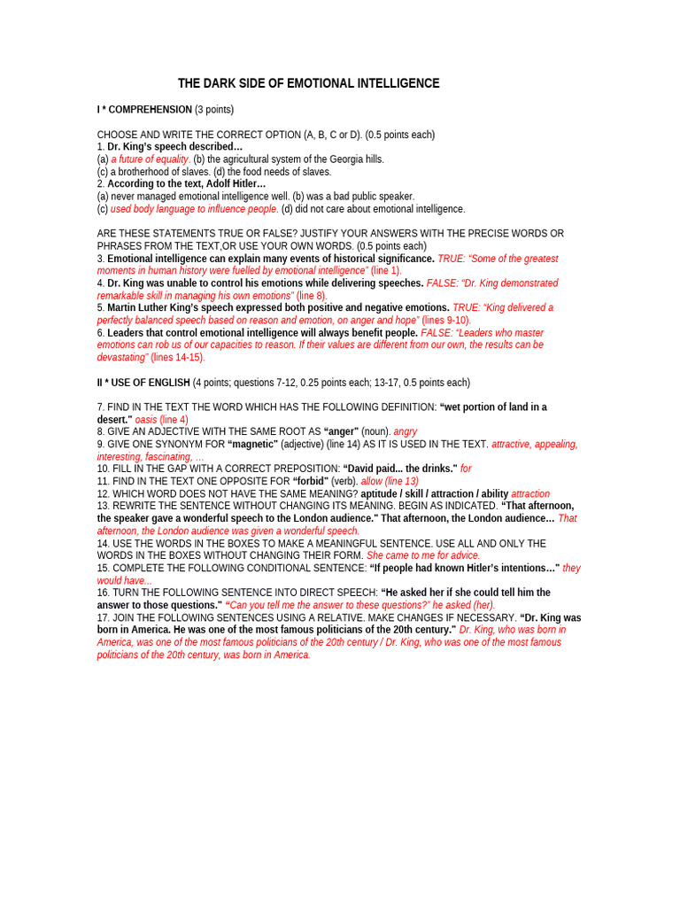 Answers The Dark Side of Emotional Intelligence 2 | PDF | Martin Luther King Jr. | Intelligence