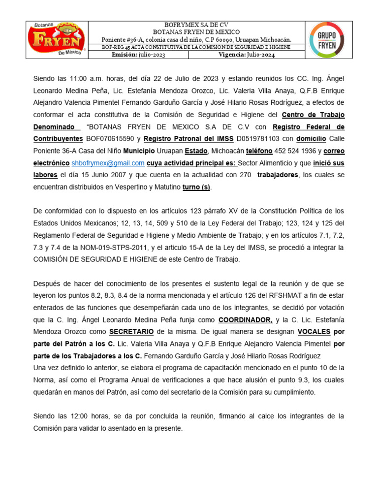 BOF-REG 45. Acta Constitutiva de Comisión de S&H (Morelia) | PDF