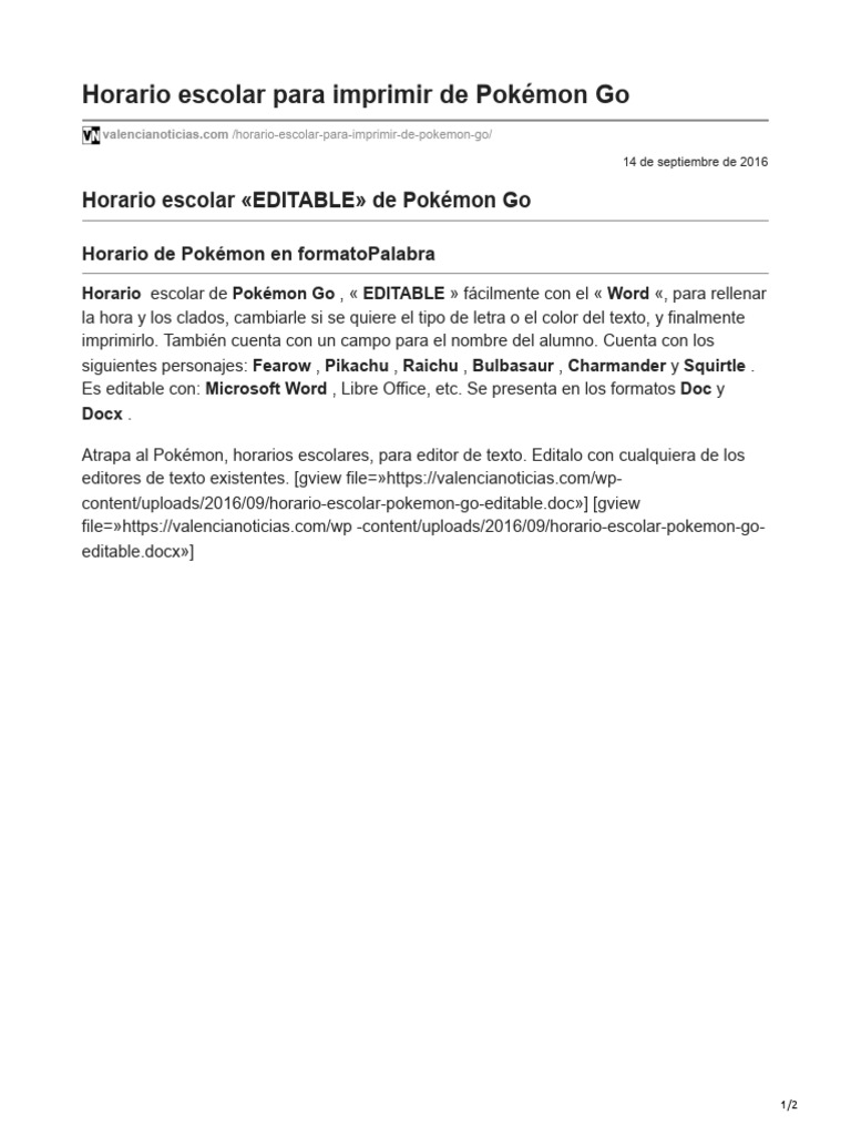 Horario escolar editable de Pokémon Go | PDF