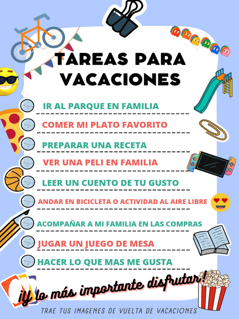 Checklist Tareas para Vacaciones | PDF | Cocina, comidas y vino | Salud ...