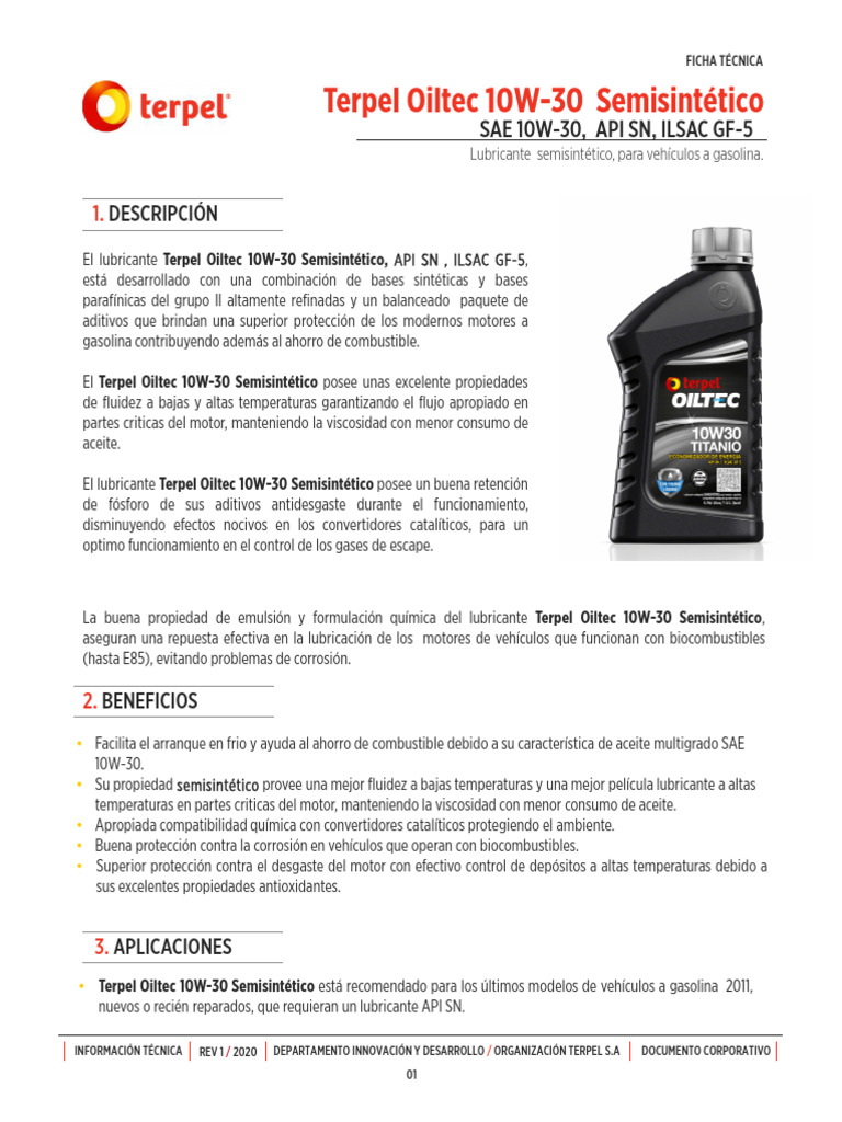 Terpel Oiltec 10W-30 Titanio 2020 Manual de | PDF | Lubricante | Materiales