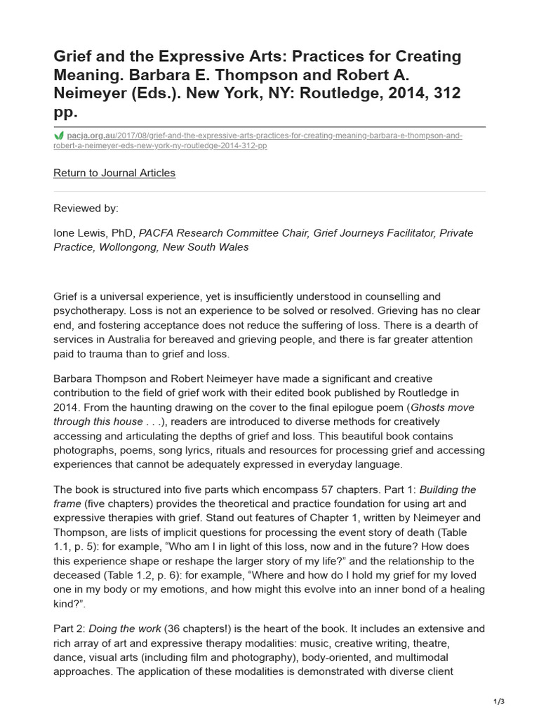 Grief And The Expressive Arts Practices For Creating Meaning Barbara E