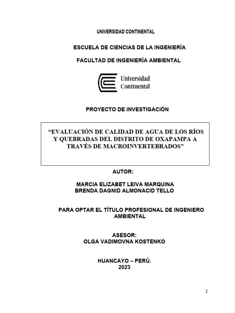 Evaluación de Calidad de Agua de Los Ríos y Quebradas Del Distrito de ...