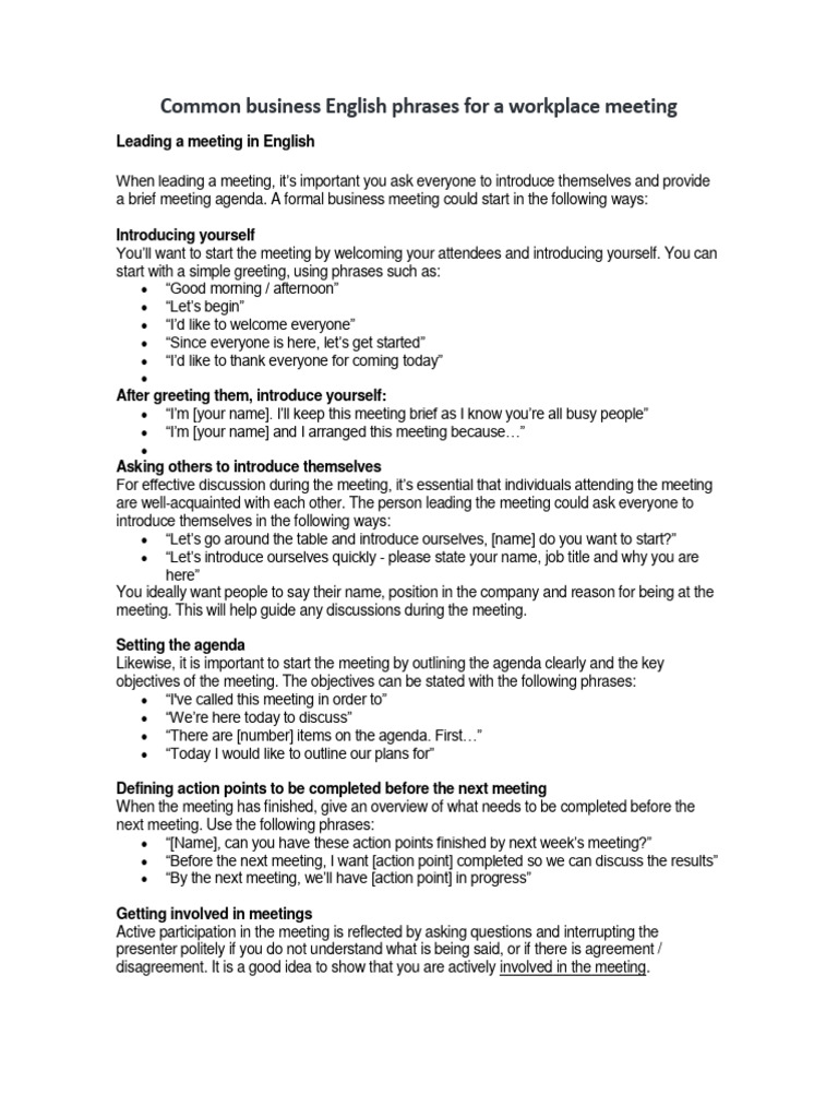 Essential Meeting Phrases in English | PDF | Human Communication ...