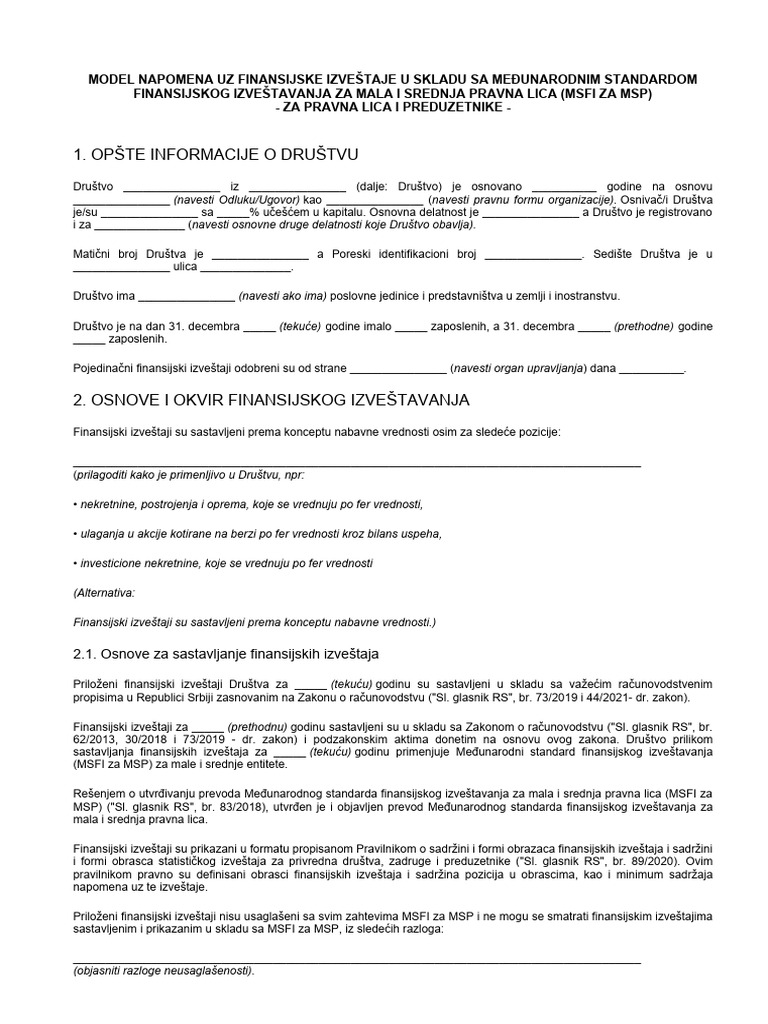 Model Napomena Za Mala I Srednja Pravna Lica - 2021 | PDF