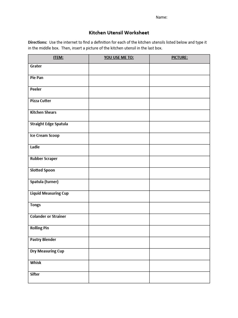 Kitchen Utensil Identification Worksheet | PDF