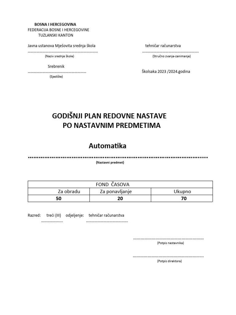 Godišnji Plan Rada Automatika III Razred - Kopie | PDF