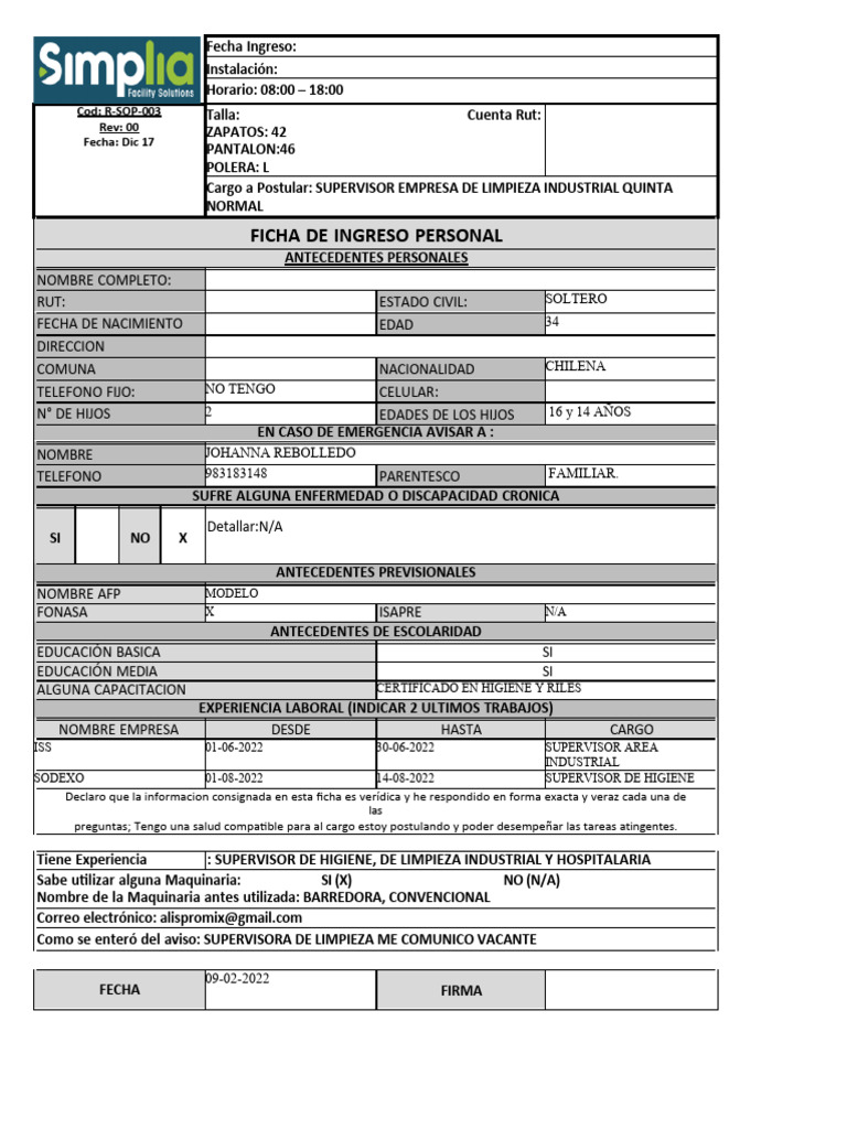 Ficha Ingreso Personal Simplia Facility | PDF