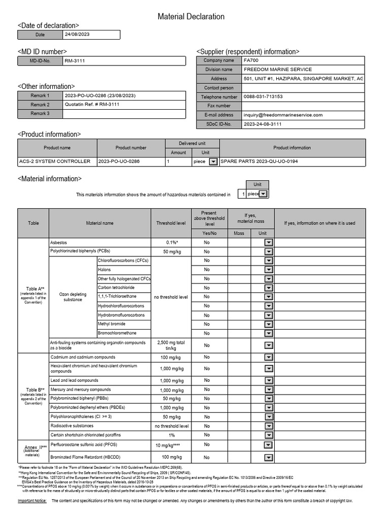 MD - IMO - 269 - EU of ACS2 Sys. Cont. | PDF | Chlorofluorocarbon ...