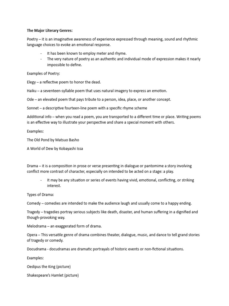 Overview of Major Literary Genres | PDF