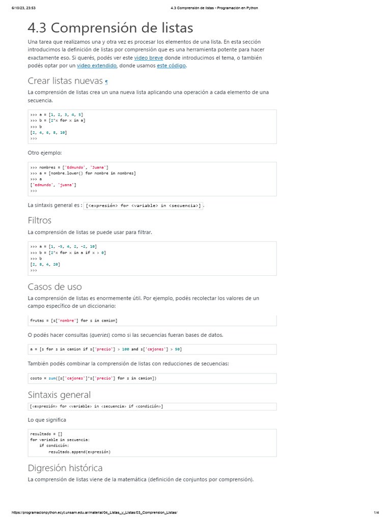 Comprensión de Listas | PDF | Python (lenguaje de programación ...