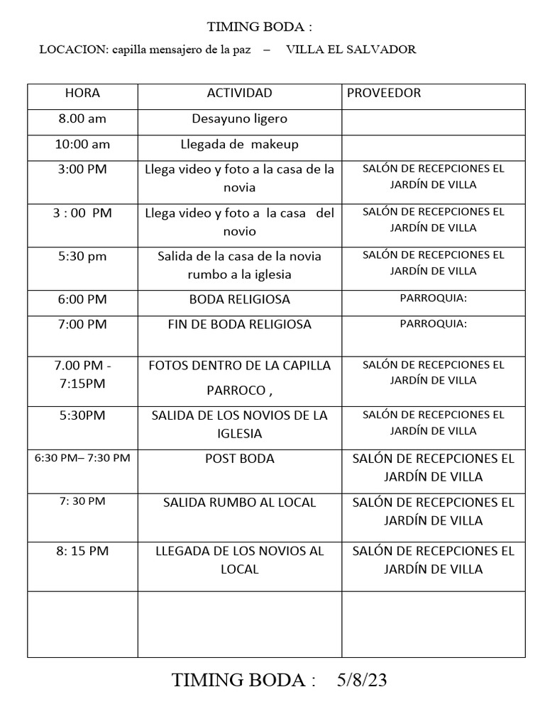 TIMING BODA 11 de Noviembre Del 2023 | PDF