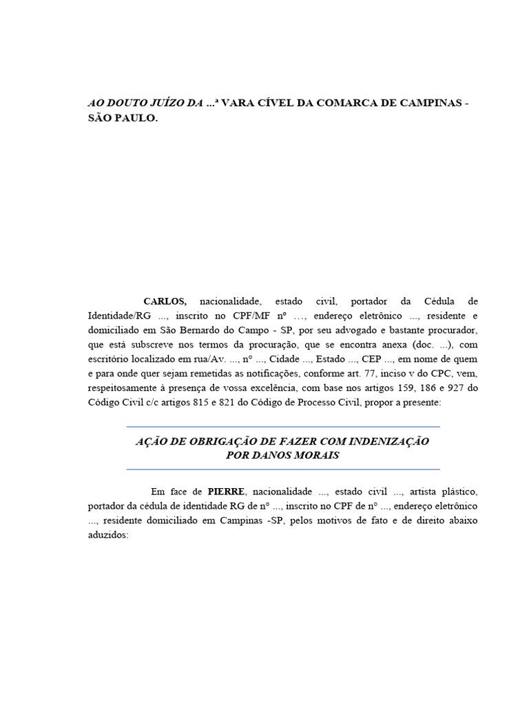 AÇÃO DE OBRIGAÇÃO DE FAZER COM INDENIZAÇÃO POR DANOS MORAIS -CARLOS E ...