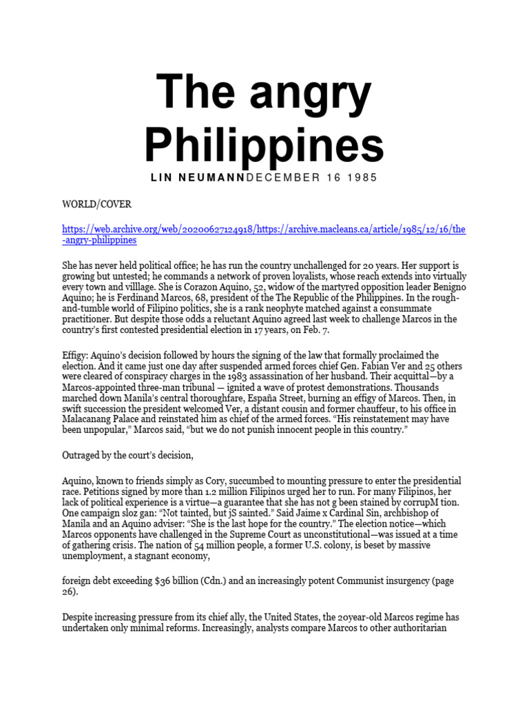 1985 - CoryCoverStory - The Angry Philippines | PDF | Corazon Aquino ...