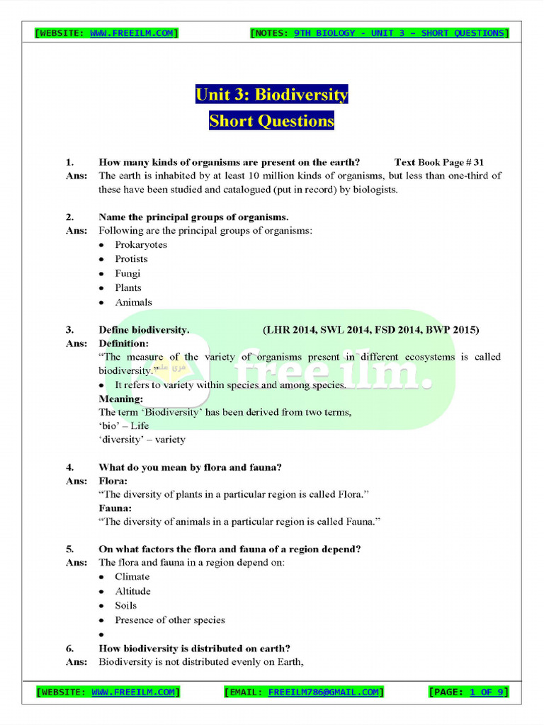 9th Bio Ch3 ShortQ | PDF