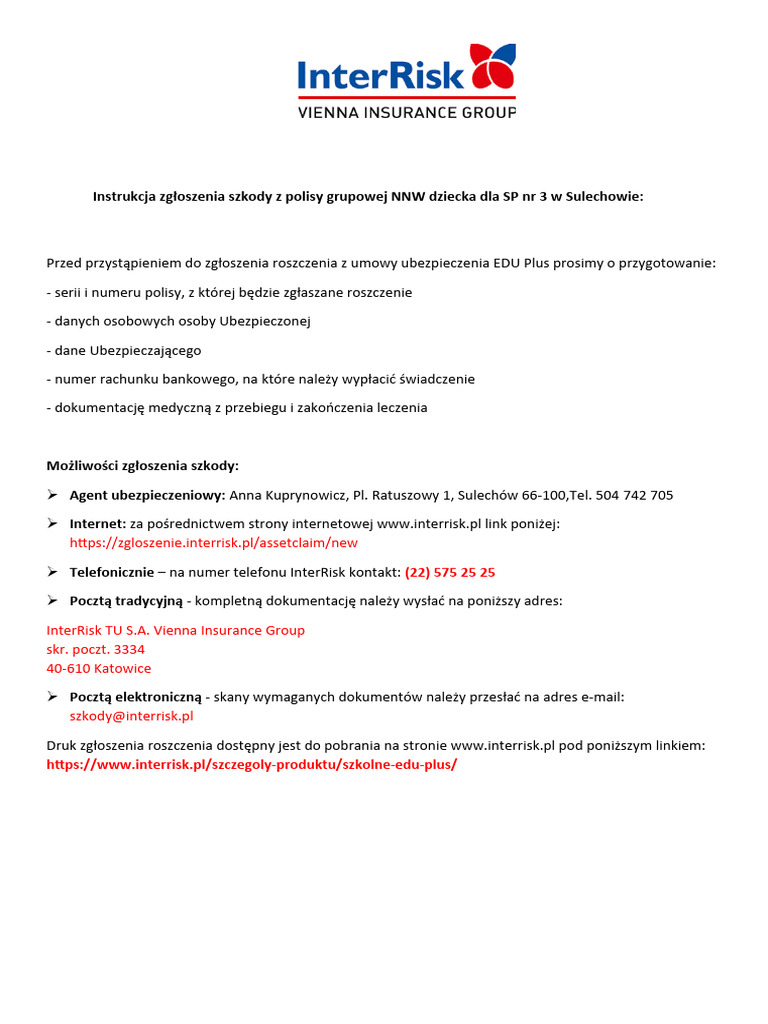 Instrukcja Zgłoszenia Szkody Z Polisy Grupowej NNW Dziecka Dla SP NR 3 ...