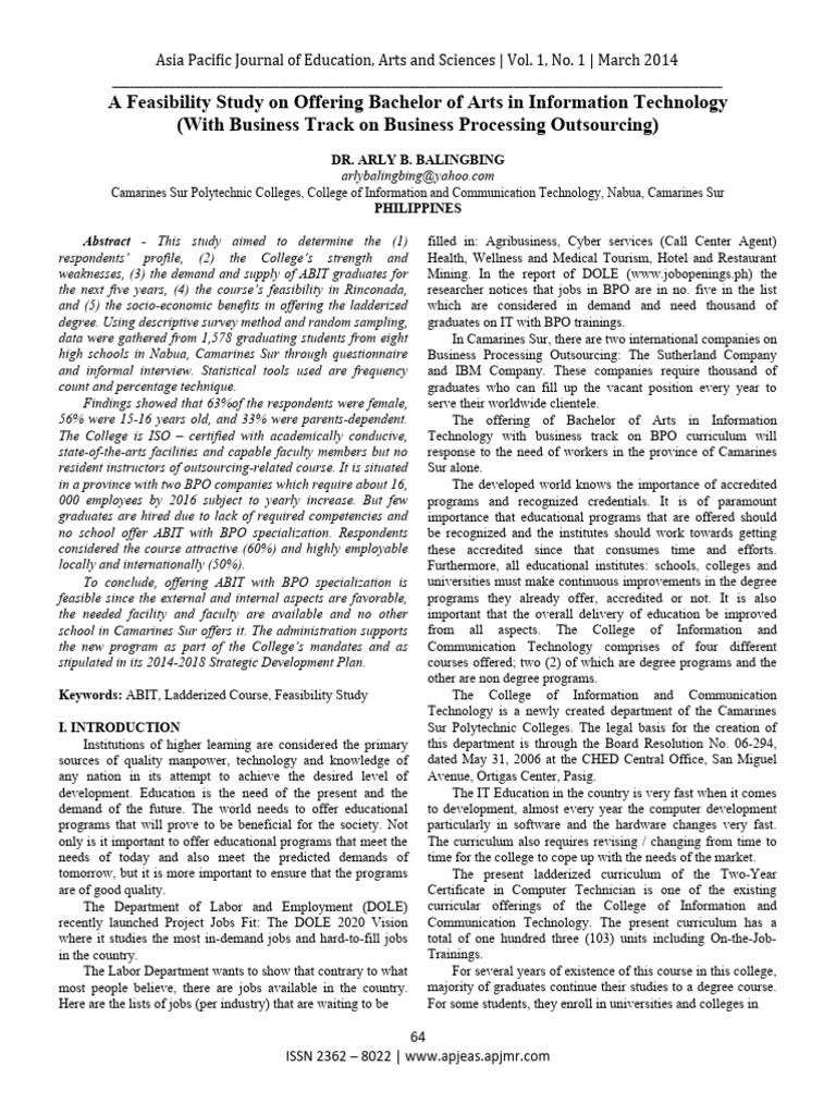 Feasibility Study: ABIT with BPO Track | PDF | Outsourcing | Information Technology