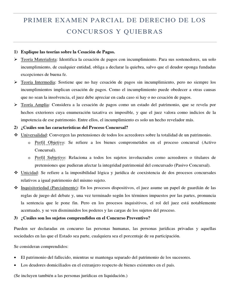 Primer Examen Parcial Concursos y Quiebras | PDF | Bancarrota | Bienes (Ley)