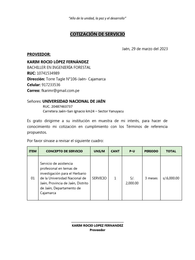 Cotizacion de Servicio - Unj | PDF