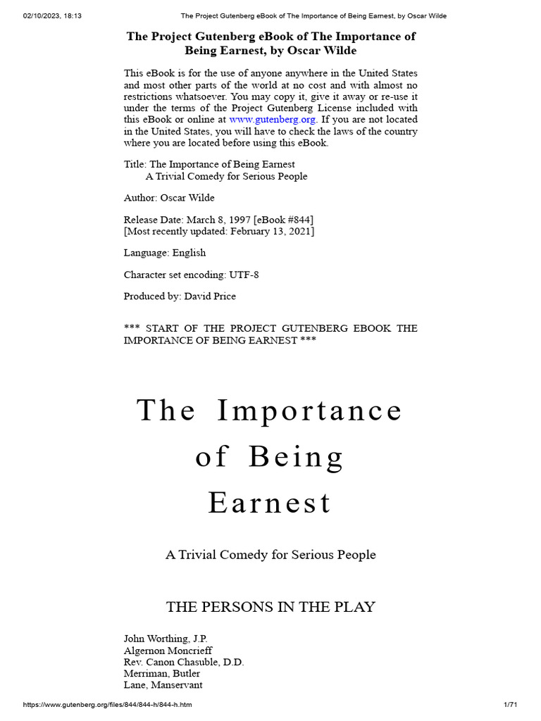 The Importance of Being Earnest, by Oscar Wilde | PDF | The Importance ...