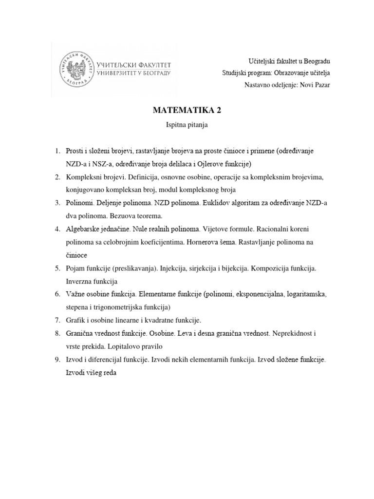 Ispitna Pitanja, Matematika 2 | PDF