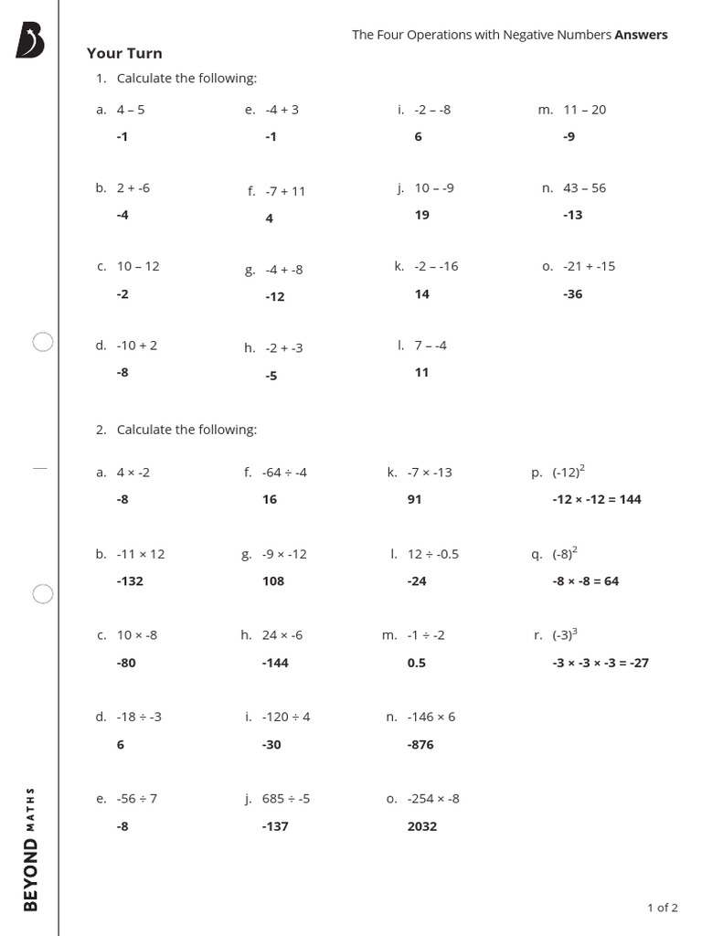 The Four Operations With Negative Numbers (Answers) | PDF