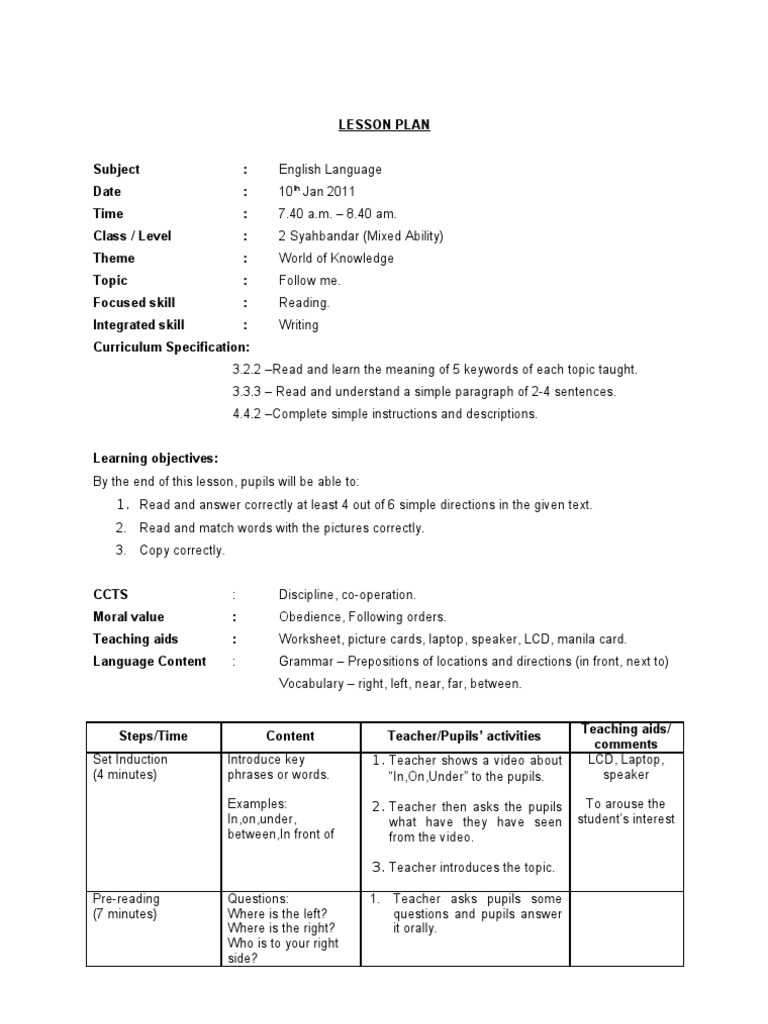 English Lesson Plan: Directions & Prepositions | PDF | Lesson Plan ...