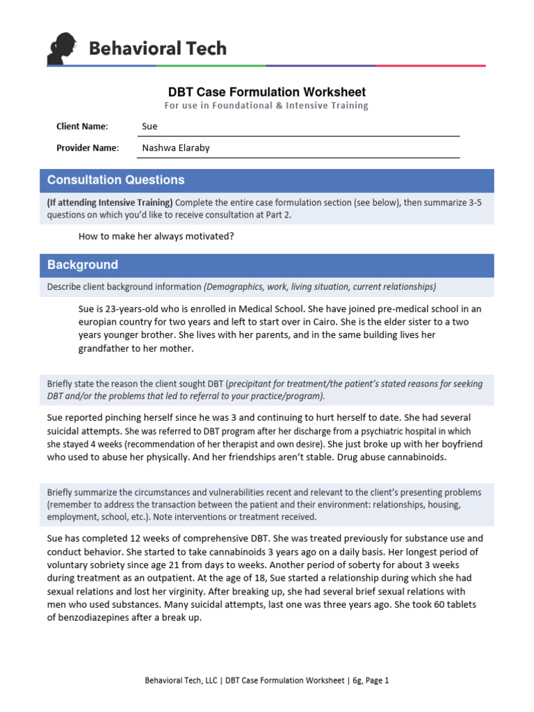 Case Formulation Worksheet Sue | PDF