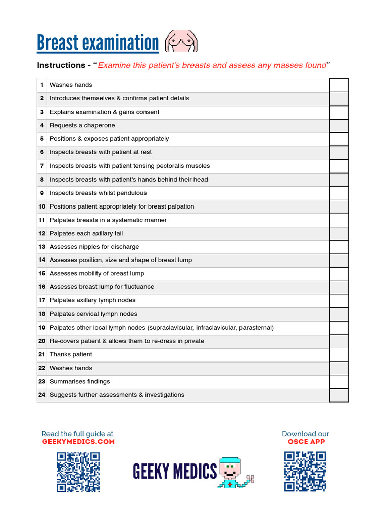 Breast Examination OSCE Mark Scheme | PDF