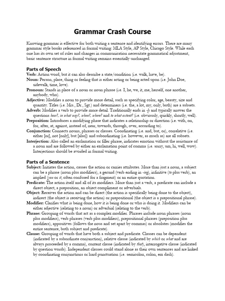 Grammar Crash Course | PDF | Verb | Preposition And Postposition