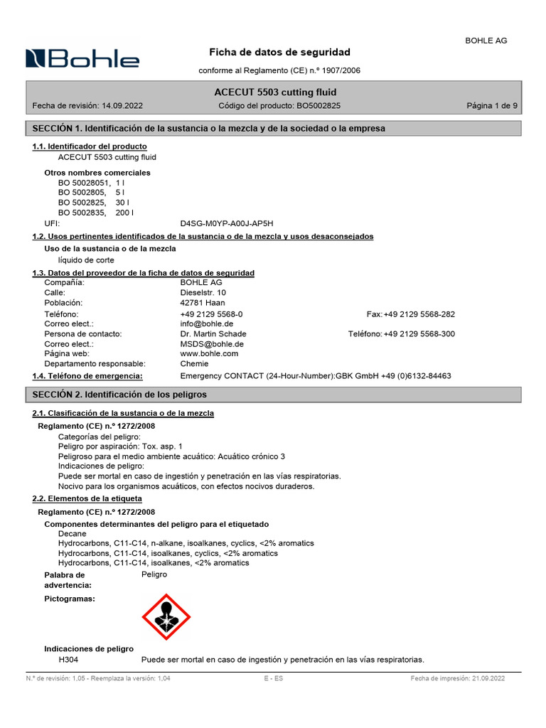 Ficha de Seguridad de ACECUT 5503 | PDF | Agua | Residuos