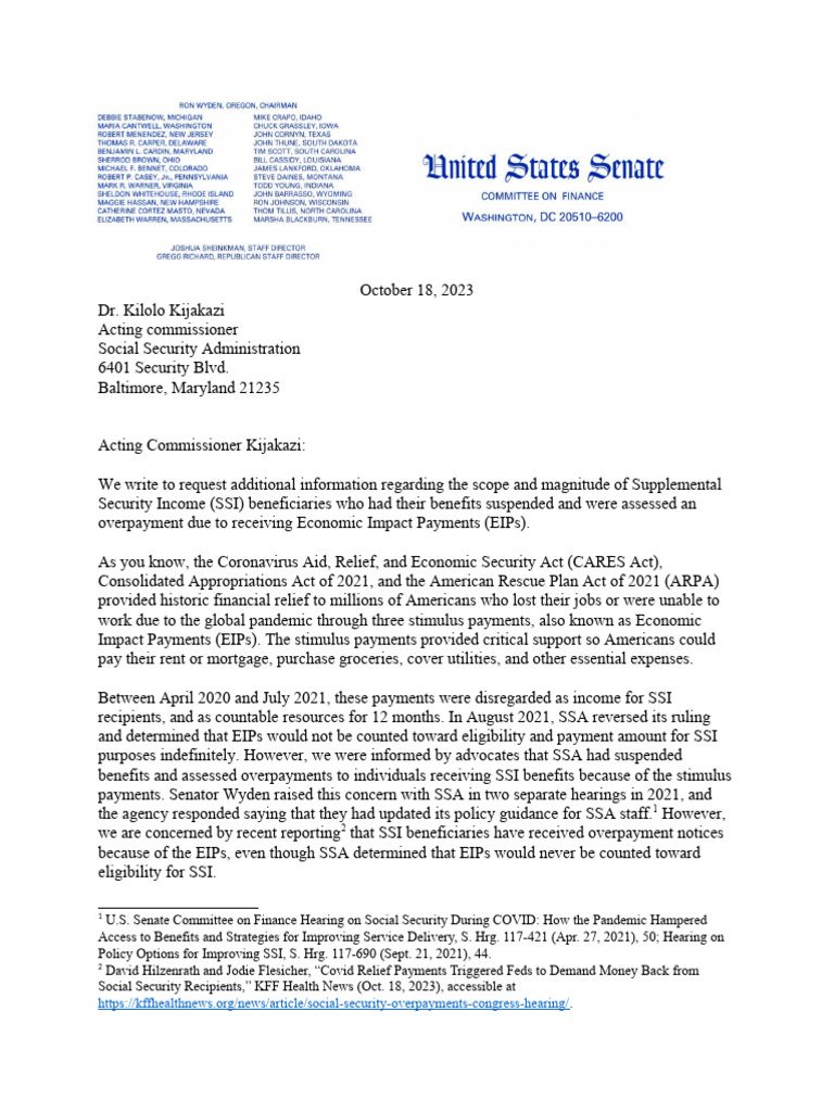 Ssa Senate Letter | PDF | Supplemental Security Income | Social Security Administration