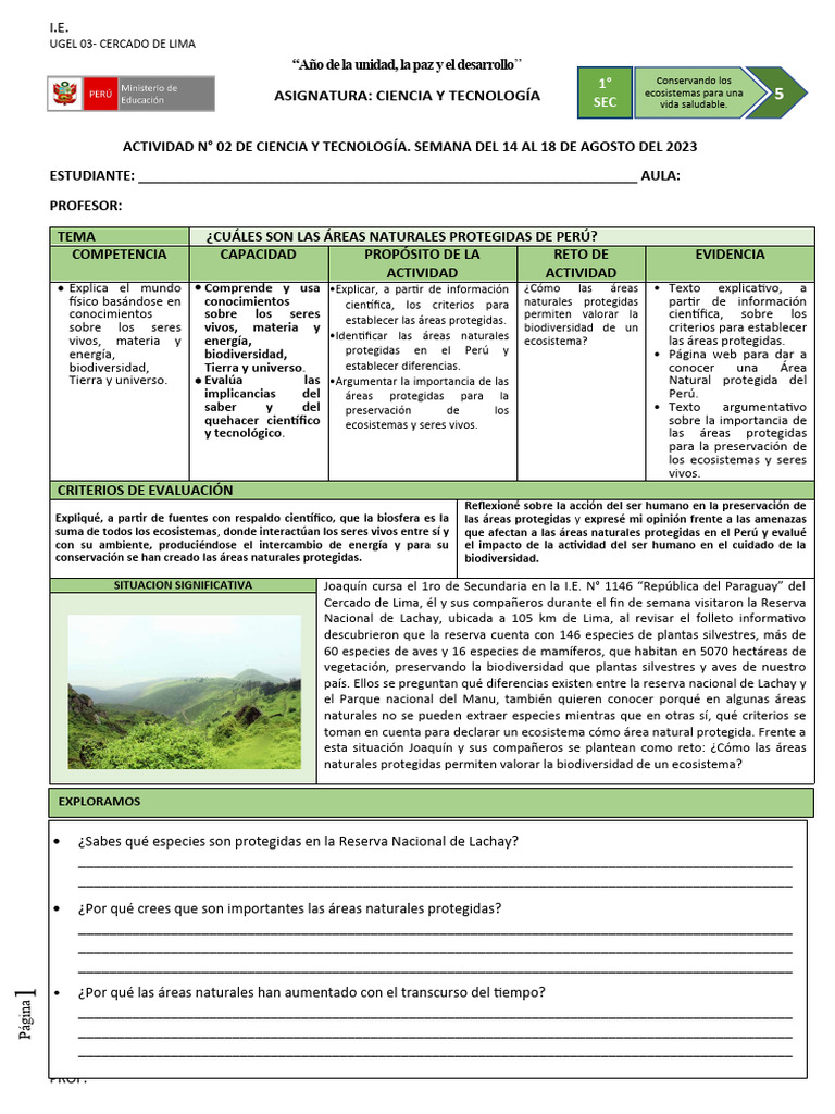 1° SEC. EDA 5 SEMANA 2 Explica CYT 2023 Cuáles Son Las Áreas Naturales | PDF