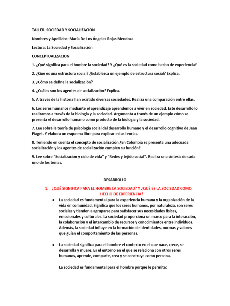 Taller sobre Sociedad y Socialización | PDF | Socialización | Sociedad
