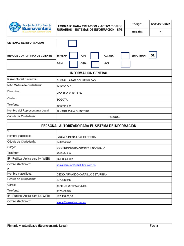 Formato para Creacion y Activacion de Usuarios - Sistemas de ...