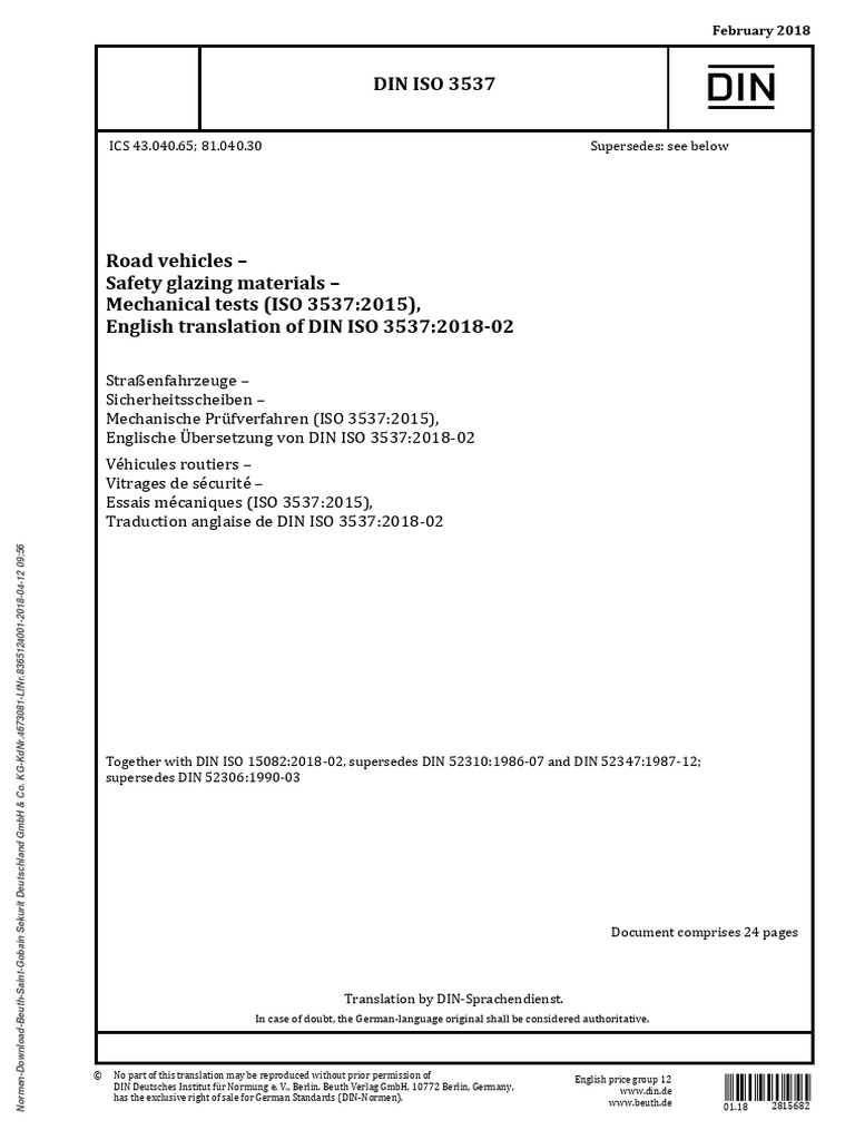 DIN ISO 3537: Safety Glazing Tests | PDF