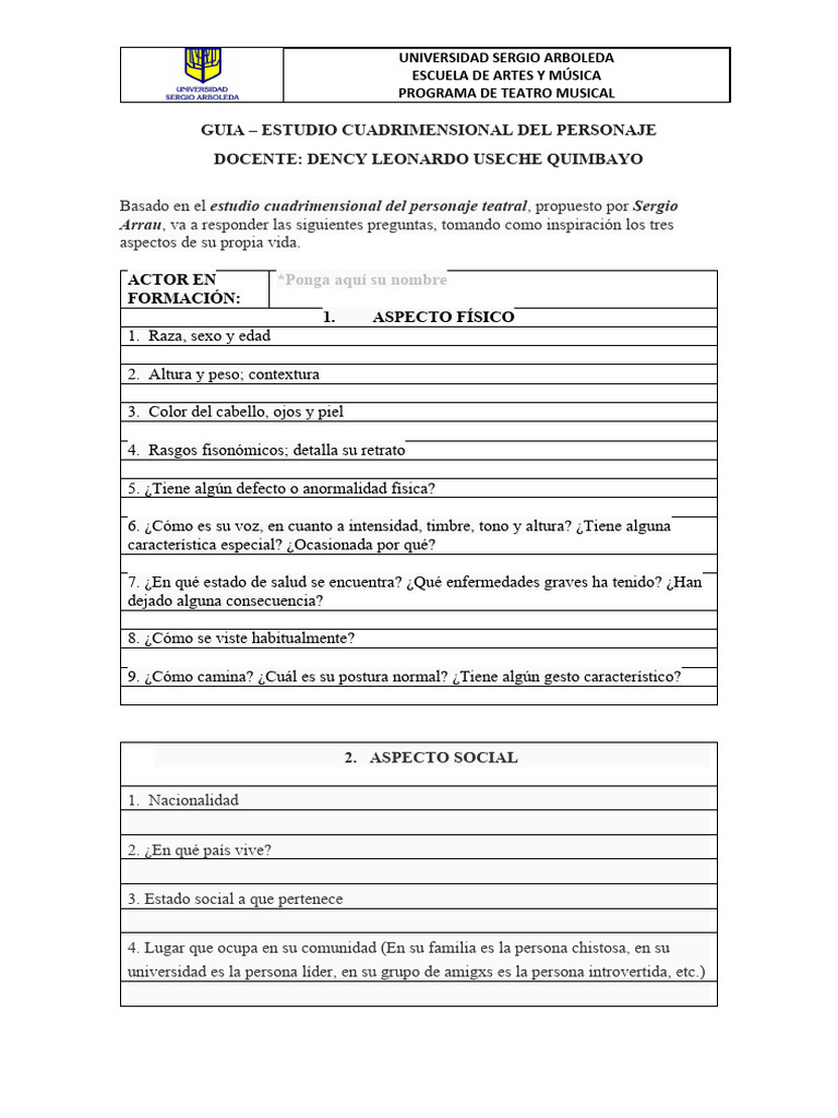 Modelo de Estudio Cuadrimensional Del Personaje Teatral | PDF