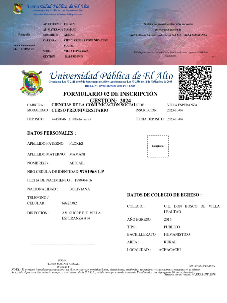 Formulario 02 Inscripción UPEA 2024 | PDF
