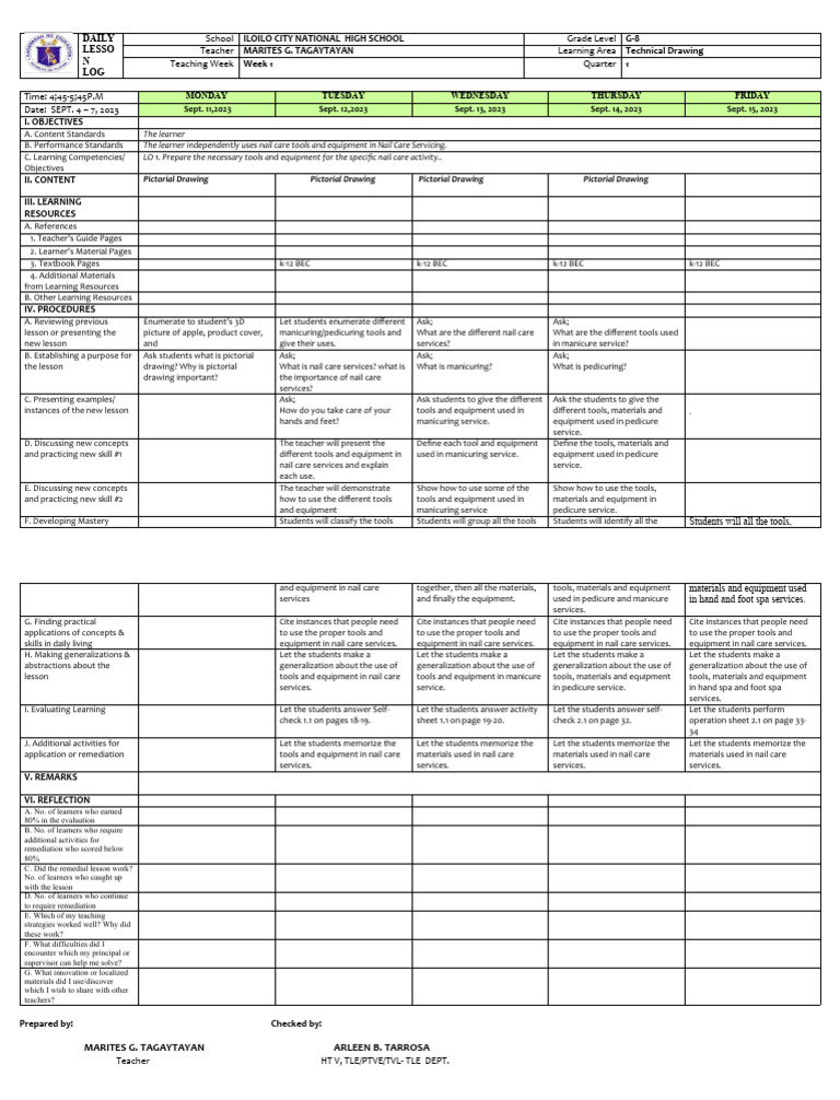 Daily Lesson Log Week 1 Techdraw G 8 | PDF | Learning | Education Theory