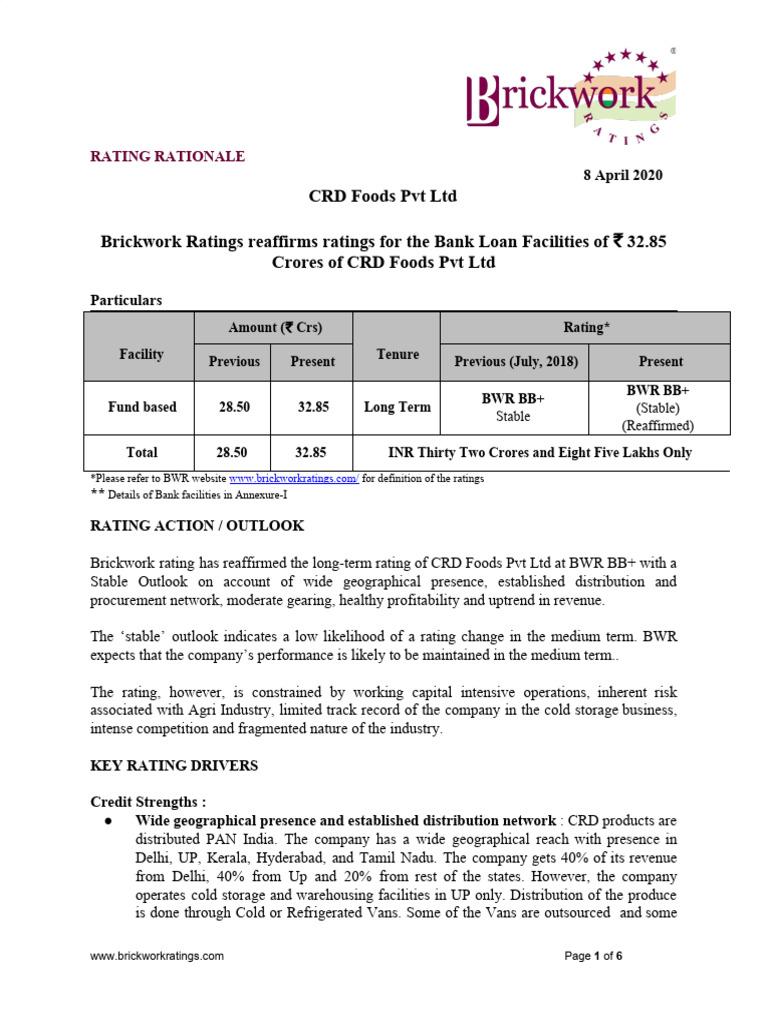CRD Foods Pvt Ltd Rating Reaffirmed BWR BB+ | PDF | Finance & Money ...