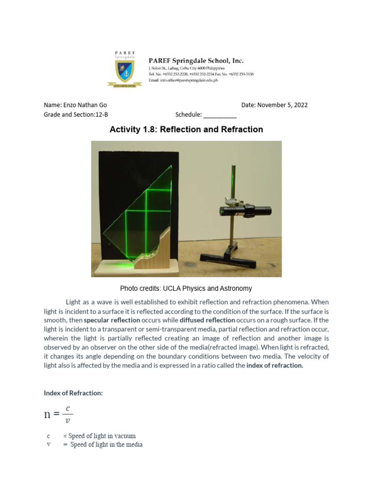 Go Enzo Nathan - FA#8 - Activity 1.8 - Reflection and Refraction | PDF ...