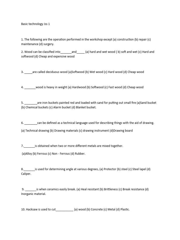 JSS1 Basic Technology Exams-WPS Office | PDF | Metals | Wood